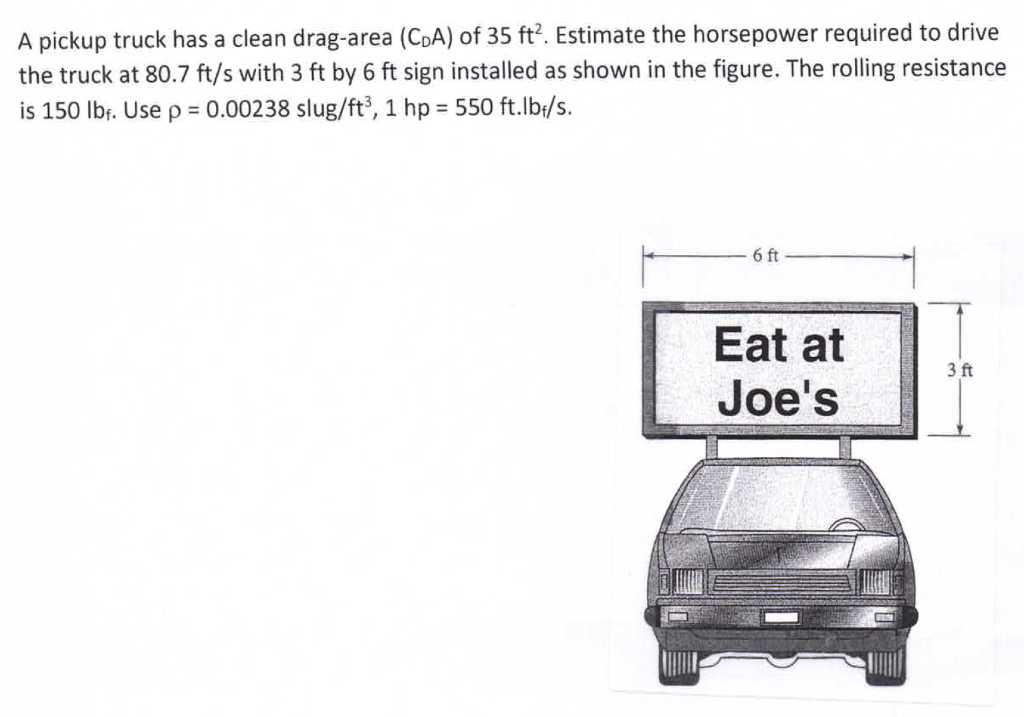 Solved A pickup truck has a clean drag-area (CDA) of 35 ft?. | Chegg.com