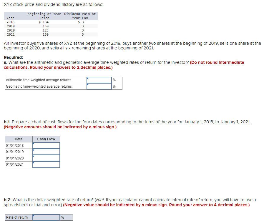 XYZ stock price and dividend history are as follows: | Chegg.com