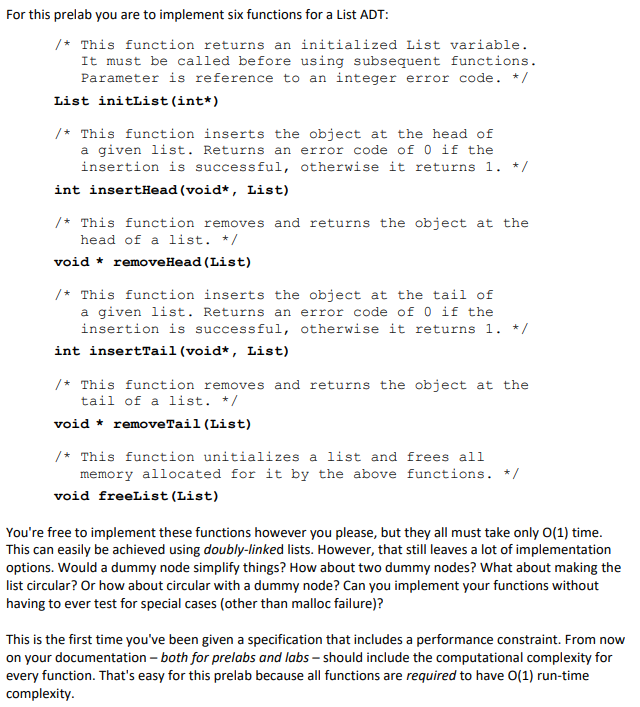 For this prelab you are to implement six functions | Chegg.com