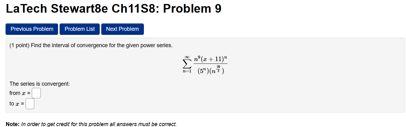 Solved LaTech Stewart8e Ch11S8: Problem 9 (1 point) Find the | Chegg.com