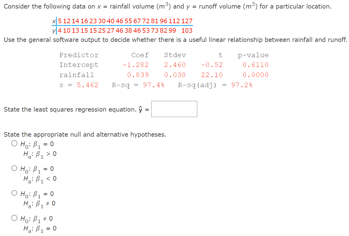 Solved Consider the following data on x= rainfall volume | Chegg.com