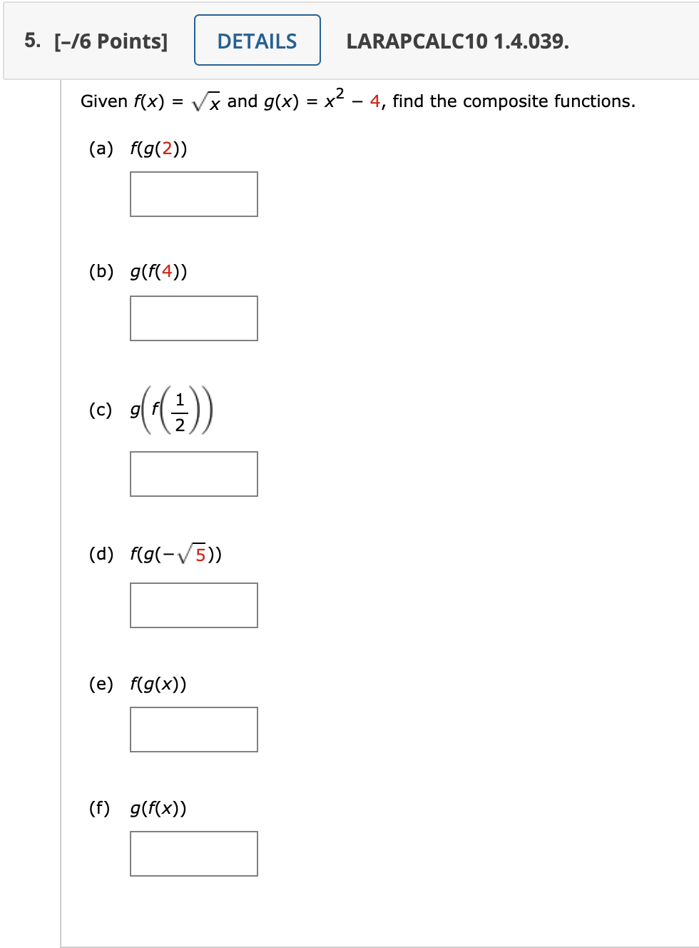 Solved 5. [-16 Points] DETAILS LARAPCALC10 1.4.039. Given | Chegg.com