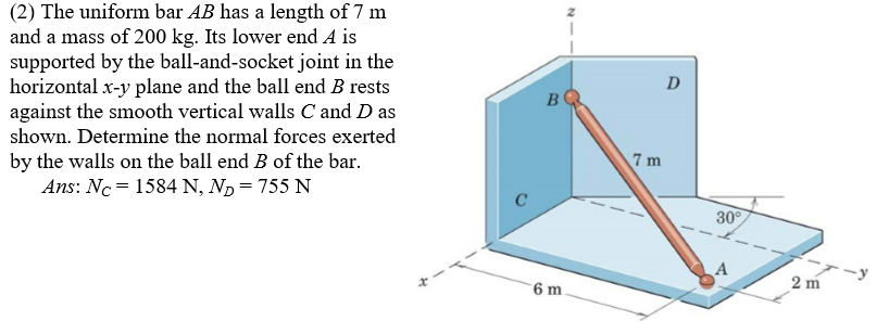 Solved (2) The uniform bar AB has a length of 7 m and a mass | Chegg.com