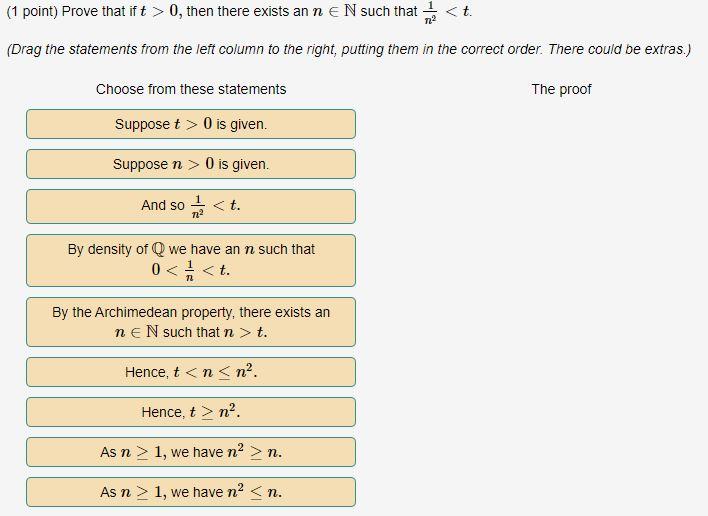 Solved (1 point) Prove that if t > 0, then there exists an n | Chegg.com