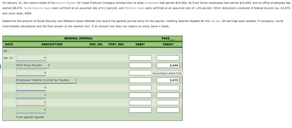 Solved On January 21, the column totals of the payroll | Chegg.com