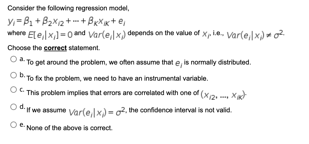 Solved + Consider the following regression model, Y;= | Chegg.com