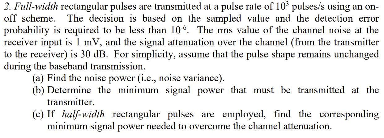 Solved 2. Full-width rectangular pulses are transmitted at a | Chegg.com