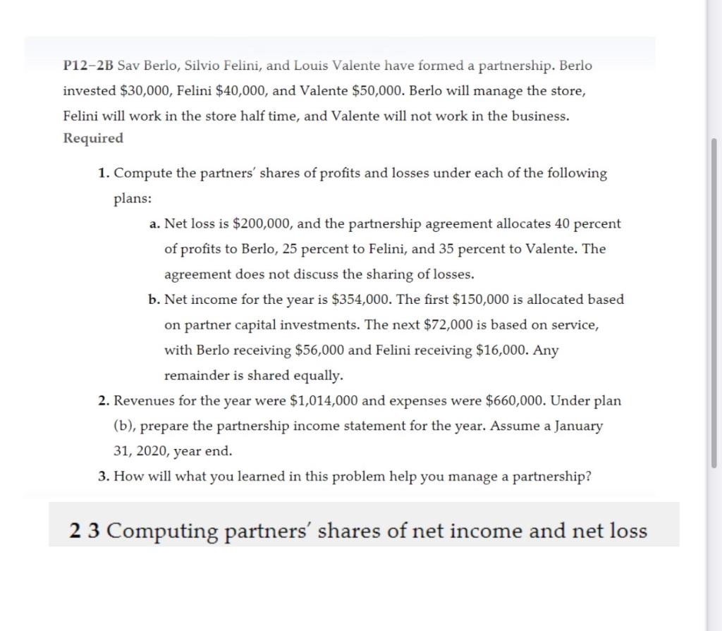 Solved P12-2B Sav Berlo, Silvio Felini, and Louis Valente | Chegg.com