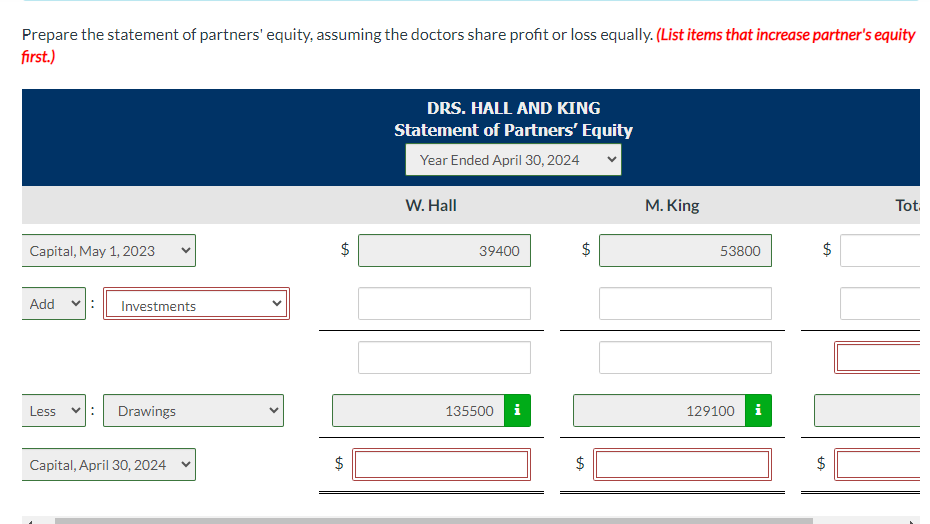 Prepare the statement of partners' equity, assuming | Chegg.com