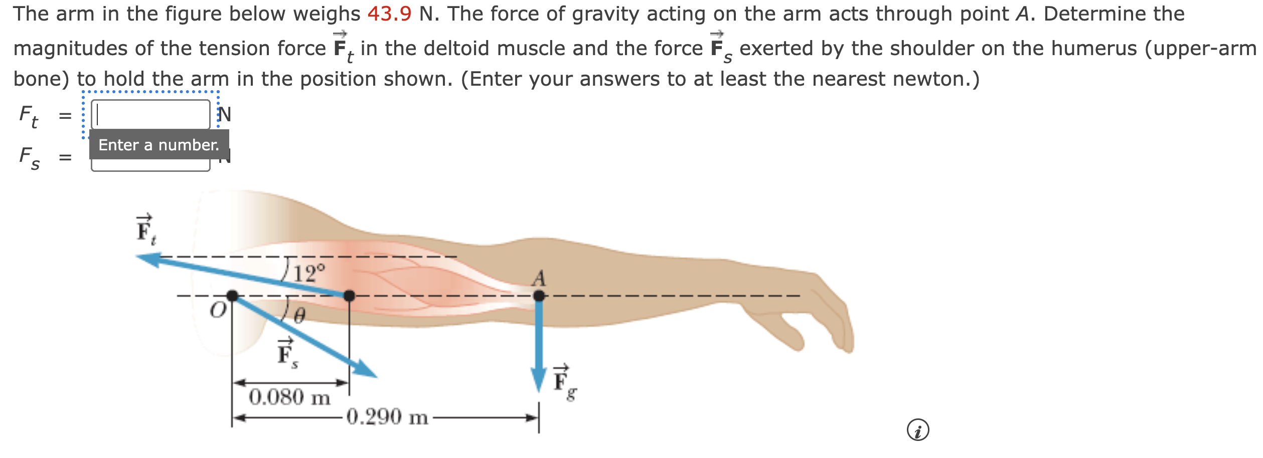 Solved The arm in the figure below weighs 43.9 N. The force | Chegg.com