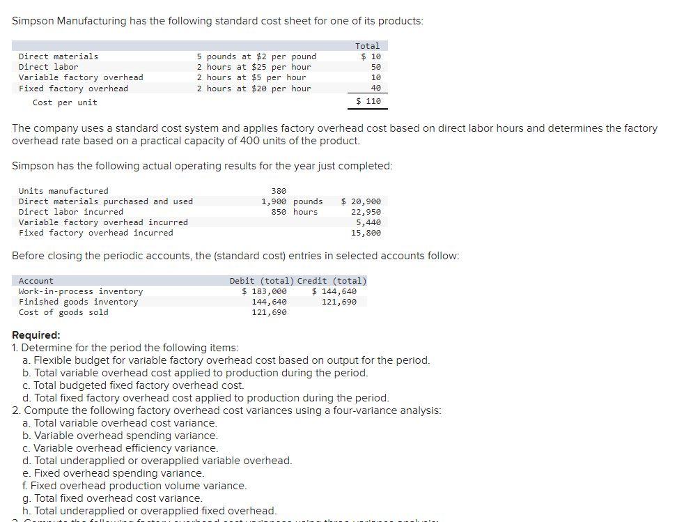 Solved Simpson Manufacturing has the following standard cost | Chegg.com
