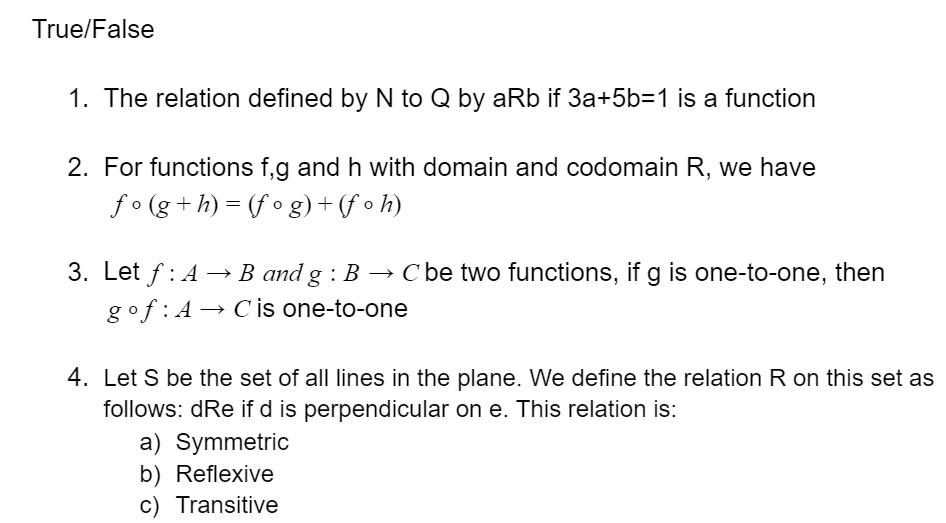 Solved True/False 1. The relation defined by N to Q by aRb | Chegg.com