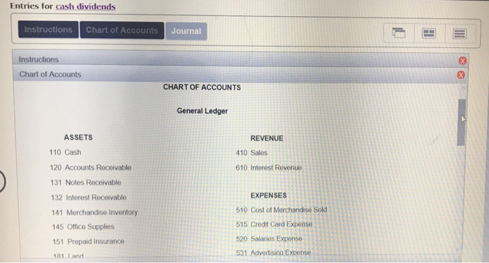Solved Entries for cash dividends Chart of Accounts Journal | Chegg.com
