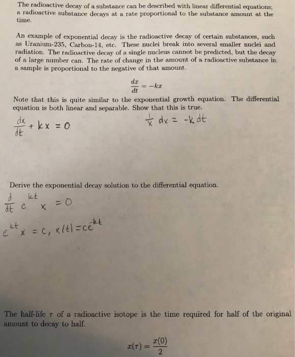 Solved The radioactive decay of a substance can be described | Chegg.com