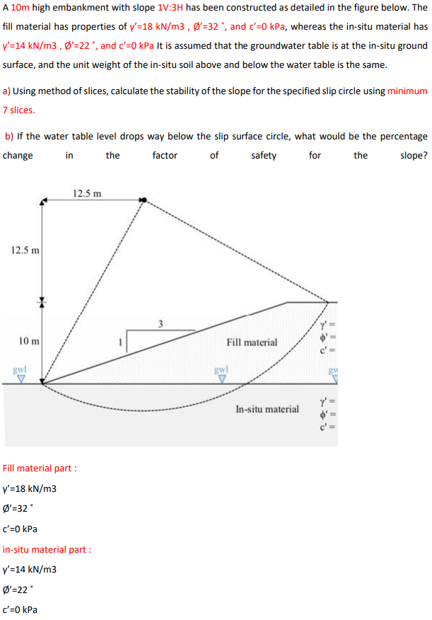 Solved A 10m high embankment with slope 1V:3H has been | Chegg.com