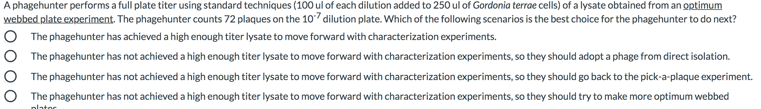Solved A phagehunter performs a spot titer using standard | Chegg.com