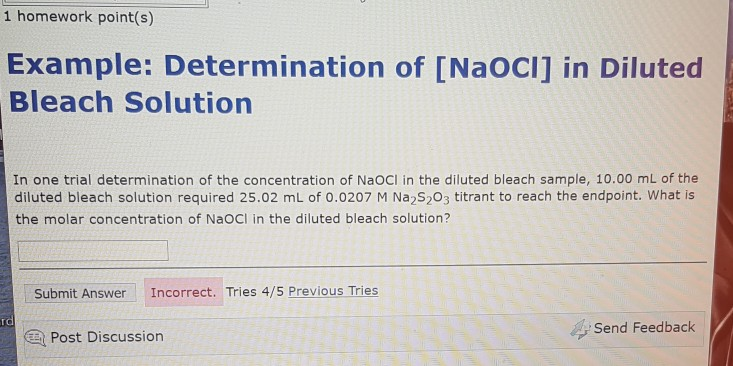 Solved 1 homework point(s) Example: Determination of [NaOCI] | Chegg.com