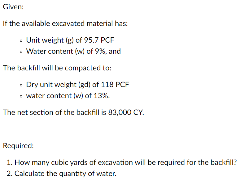 Solved If the available excavated material has: - Unit | Chegg.com