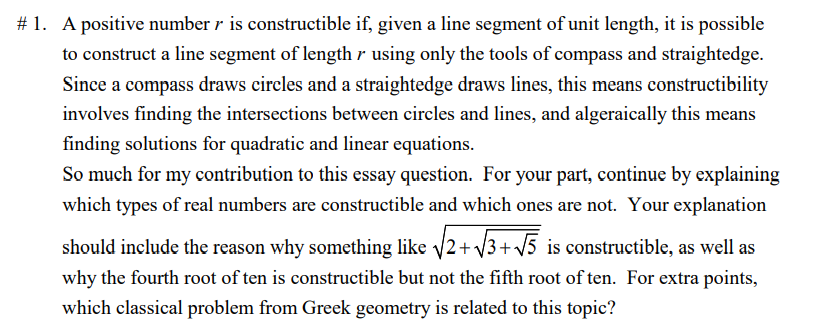 #1. A positive number r is constructible if, given a | Chegg.com