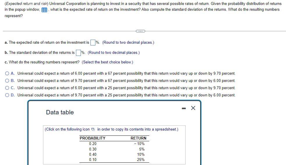 Solved (Expected return and risk) Universal Corporation is | Chegg.com