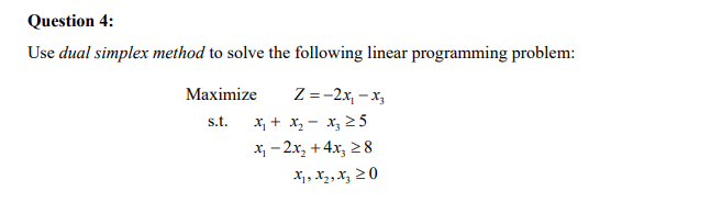 Solved Question 4: Use dual simplex method to solve the | Chegg.com