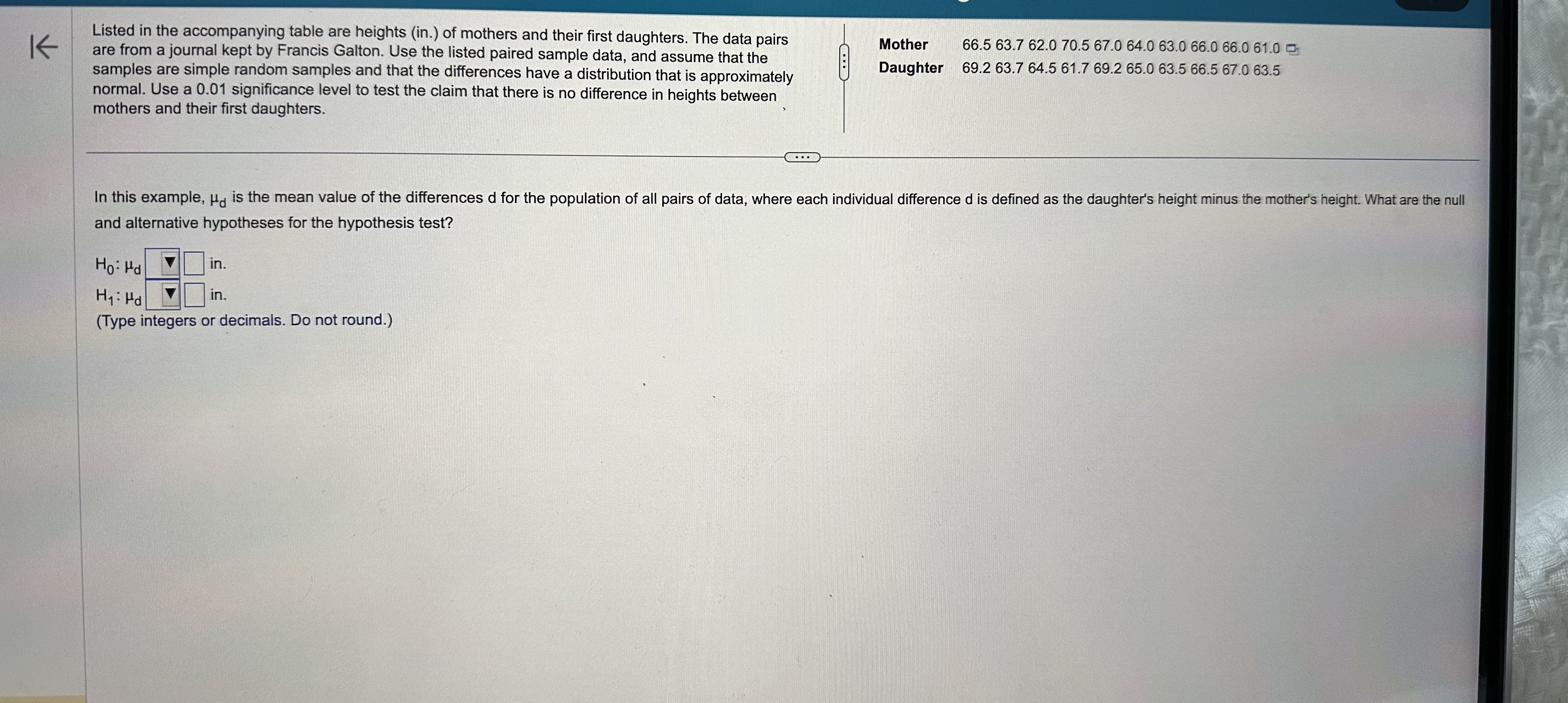Solved Listed in the accompanying table are heights (in.) | Chegg.com