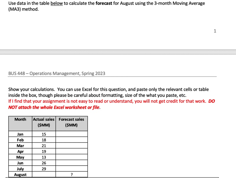 Use data in the table below to calculate the forecast | Chegg.com