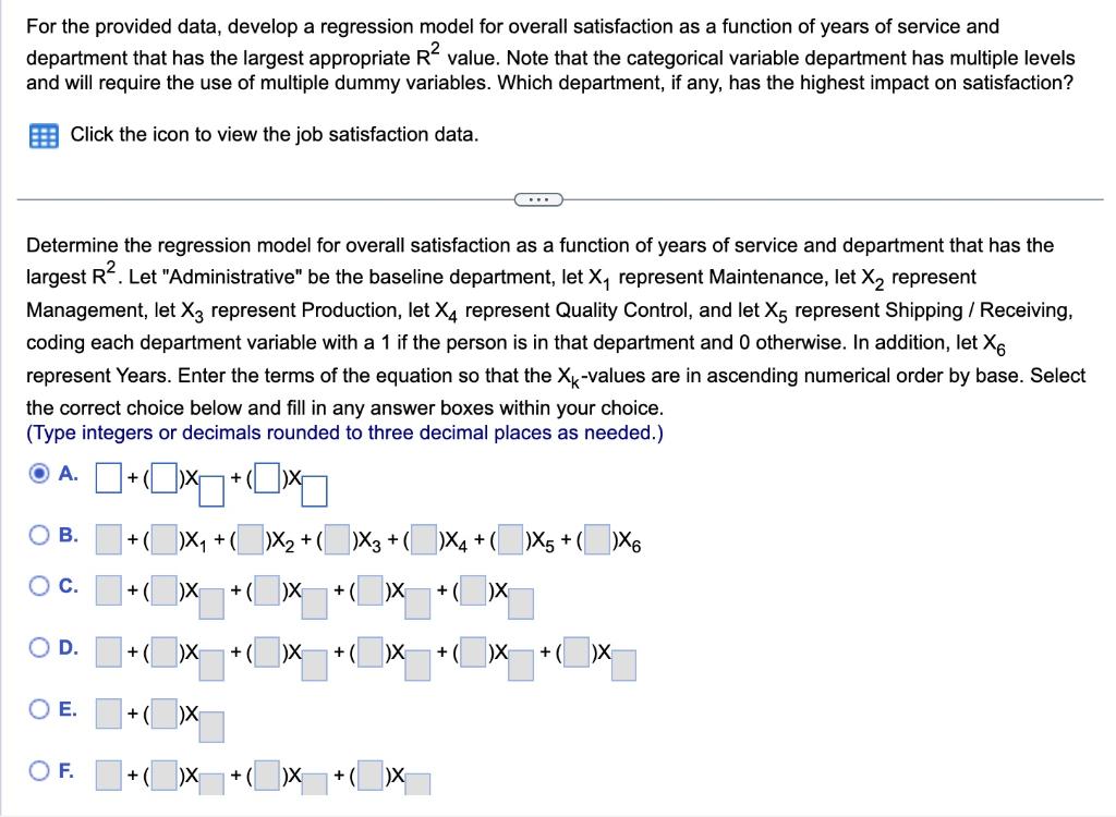 Solved For the provided data, develop a regression model for | Chegg.com