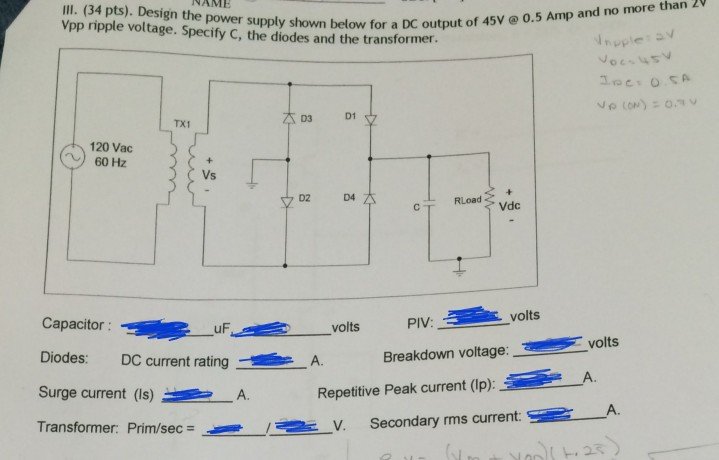 Solved NAME 2 ll. (34 pts). Design the Vpp ripple voltage. | Chegg.com