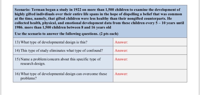 Solved Scenario: Terman began a study in 1922 on more than | Chegg.com