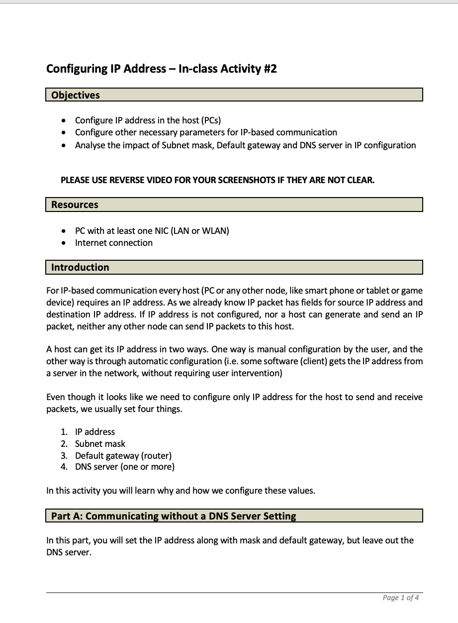 Solved Configuring IP Address - In-class Activity \#2 | Chegg.com