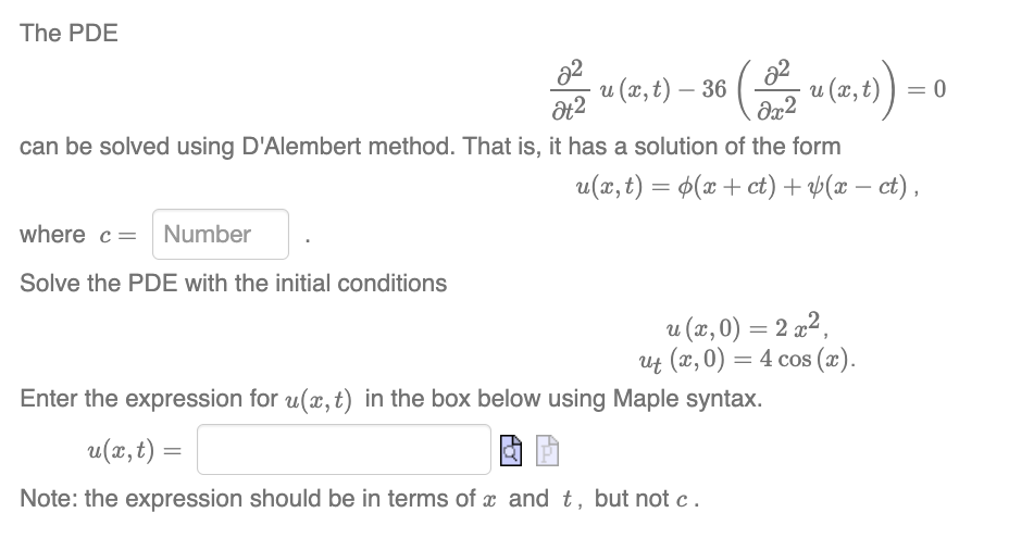 Solved The PDE ∂t2∂2u(x,t)−36(∂x2∂2u(x,t))=0 can be solved | Chegg.com