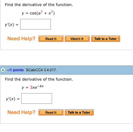 Solved Find the derivative of the function. y cos(a7 + x7) y | Chegg.com