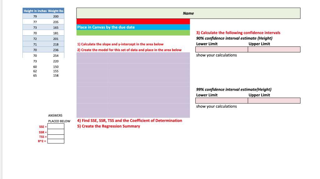 Solved Name Height in inches Weight Ibs 79 200 77 235 165 | Chegg.com