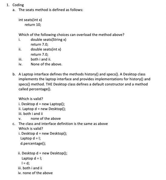 Solved 1. Coding a. The seats method is defined as follows: | Chegg.com