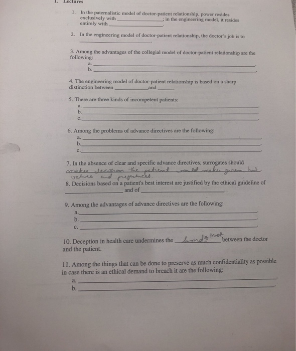 Solved 1. Lectures 1. In the paternalistic model of | Chegg.com