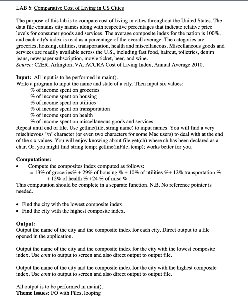 Solved LAB 6: Comparative Cost of Living in US Cities The | Chegg.com
