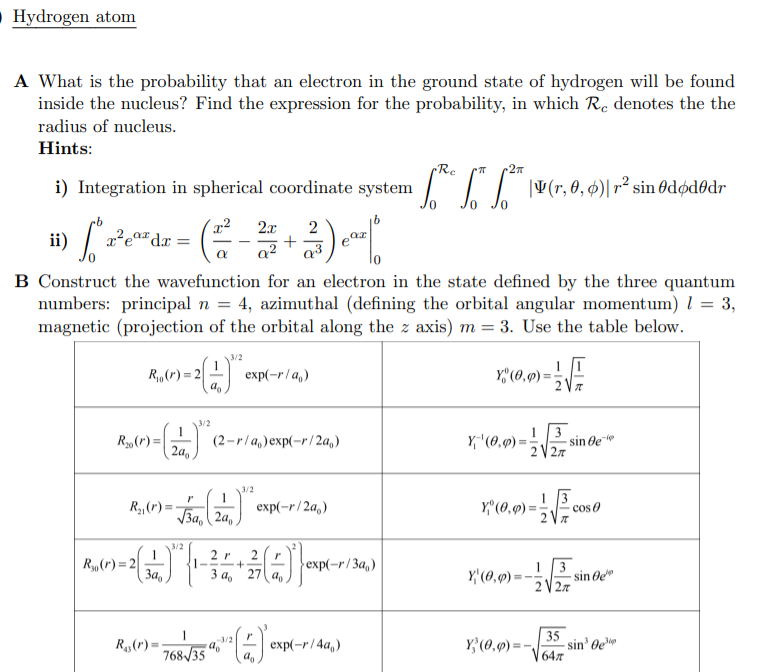 Hydrogen atom A What is the probability that an | Chegg.com