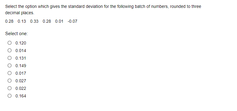 Solved Select the option which gives the standard deviation | Chegg.com