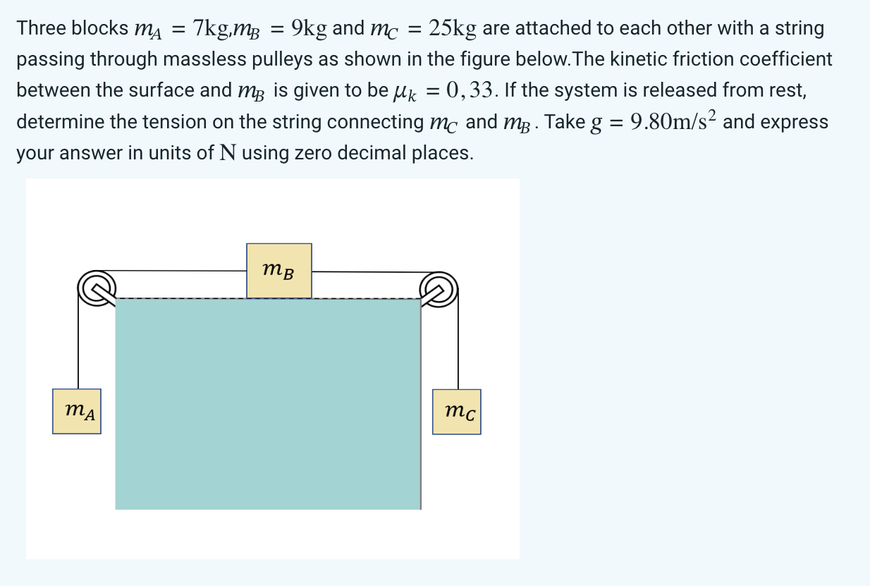 Solved Three blocks mA=7kg,mB=9kg ﻿and mC=25kg ﻿are attached | Chegg.com