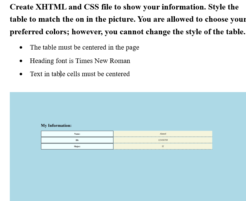 Solved Create Xhtml And Css File To Show Your Information