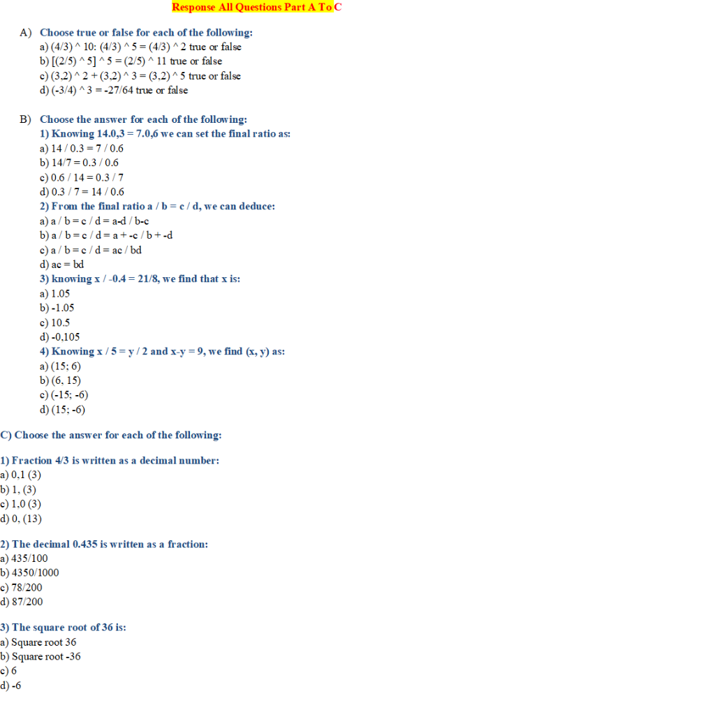 Solved Response All Questions Part A TOC A) Choose true or | Chegg.com