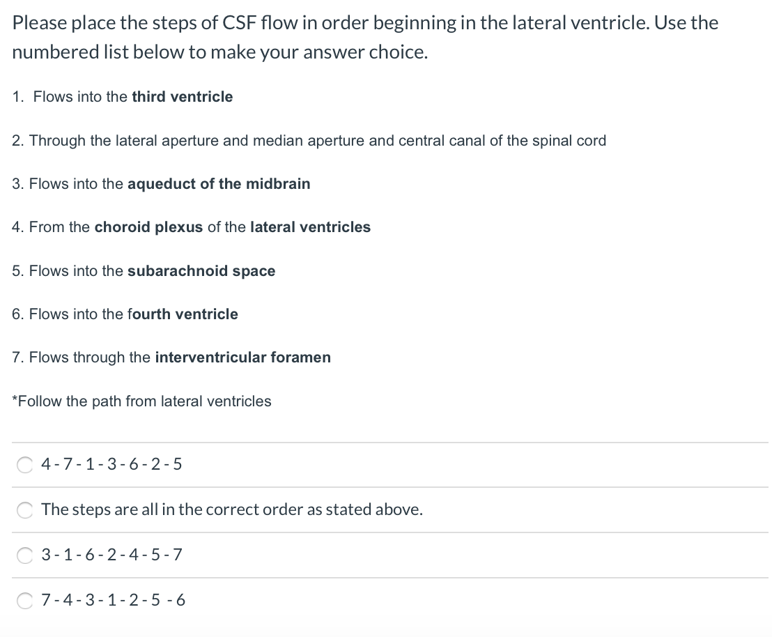 Solved Please place the steps of CSF flow in order beginning | Chegg.com