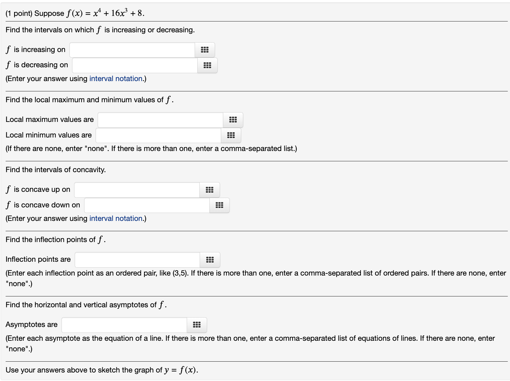 Solved (1 ﻿point) ﻿Suppose f(x)=x4+16x3+8. (1 ﻿point) | Chegg.com