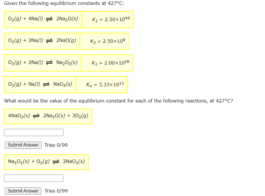 Solved Given the following equilibrium constants at 427°C: | Chegg.com