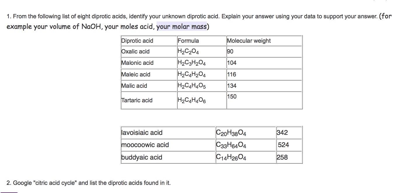 1. From the following list of eight diprotic acids, | Chegg.com