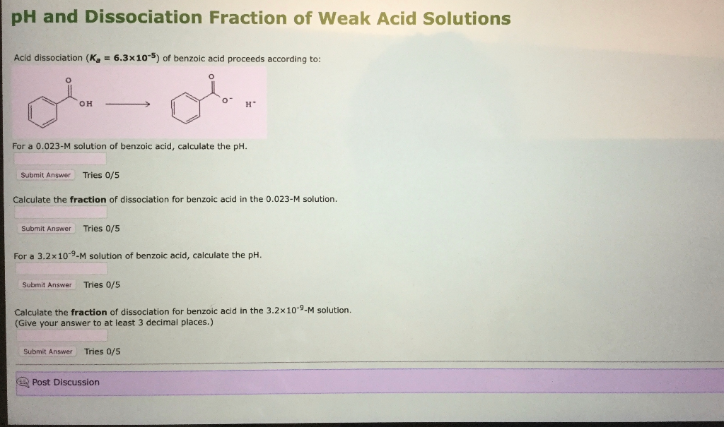 Solved pH and Dissociation Fraction of Weak Acid Solutions | Chegg.com