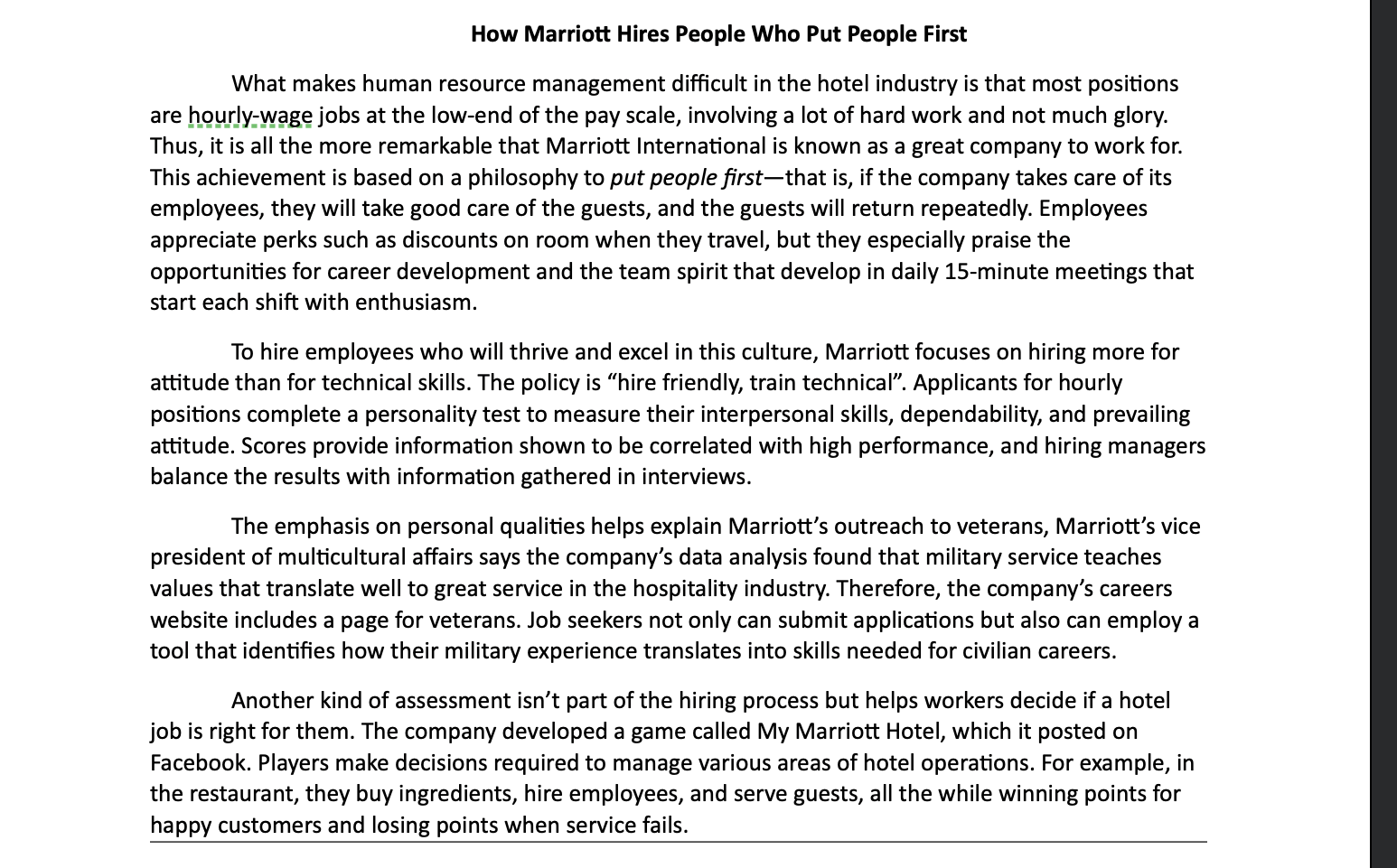 Solved Questions: Question 1: Marriott uses a personality | Chegg.com