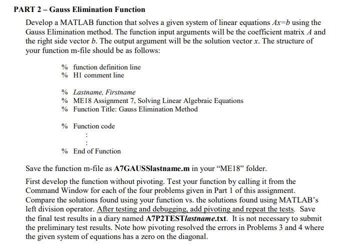 Part 2 Gauss Elimination Function Develop A Matlab