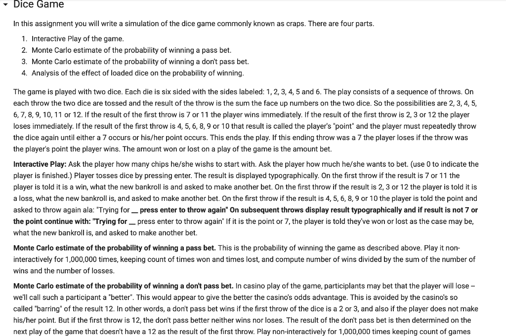 Dice Game In this assignment you will write a | Chegg.com